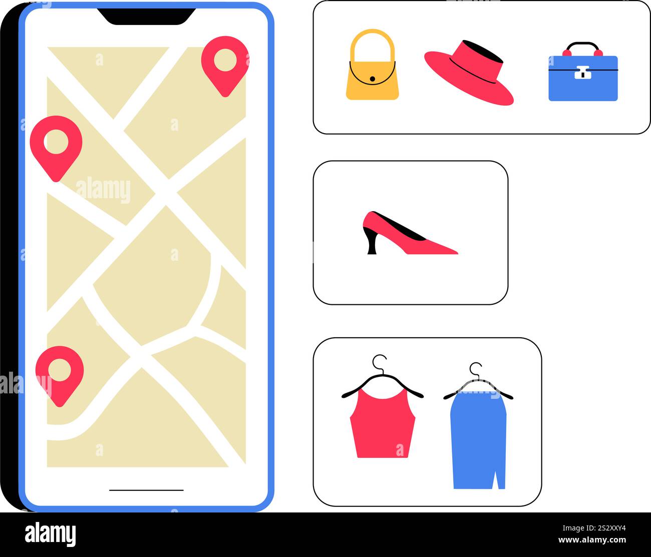 Mobile Phone With Shopping Locations And Fashion Icons In Flat Vector Illustration Symbolizing ...