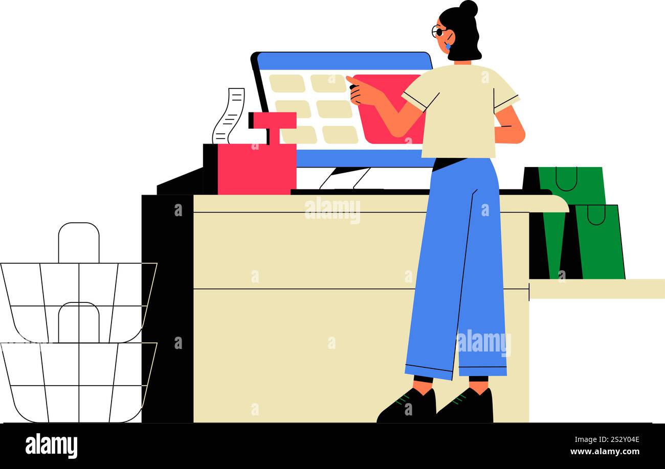 Female Cashier Operating A Touchscreen At Checkout Counter In Flat ...