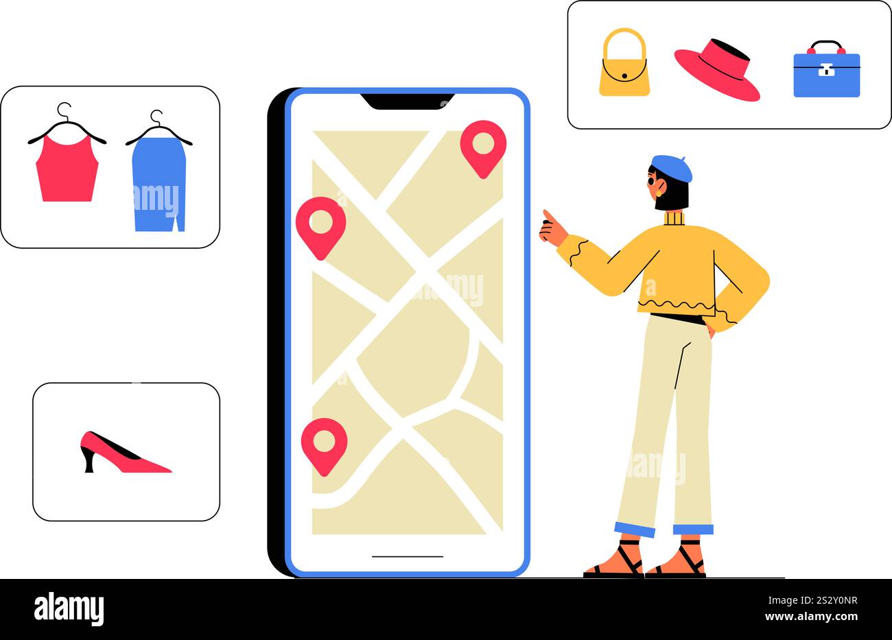 Male Character Browsing Shopping Locations On Mobile Map In Flat Vector ...