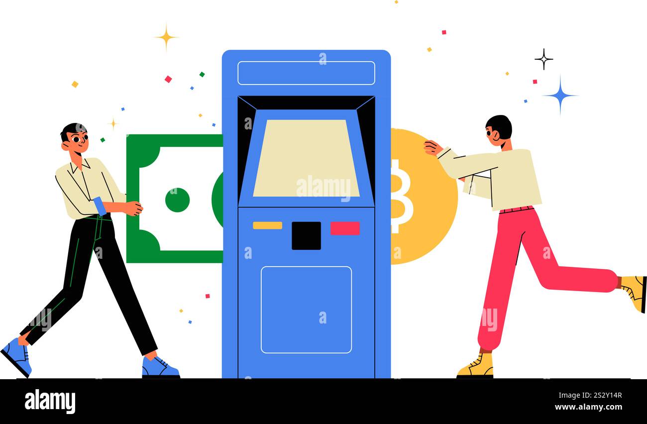 ATM With Male Characters Handling Cash And Bitcoin In Flat Vector ...