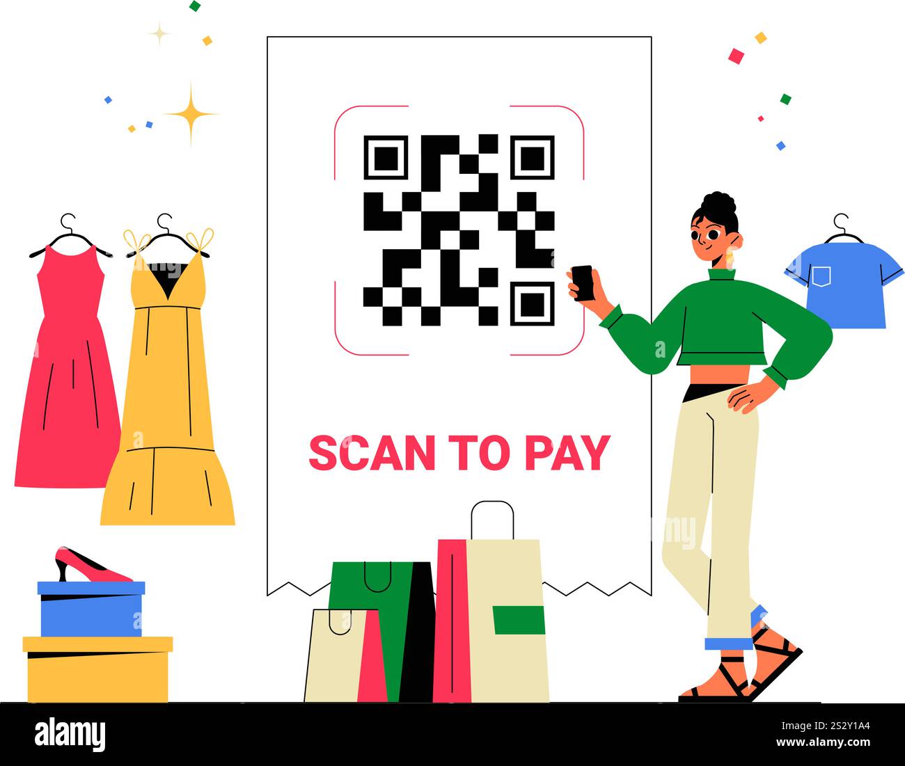 QR Code For Mobile Payment With Female Shopper In Flat Vector Illustration Symbolizing Digital ...