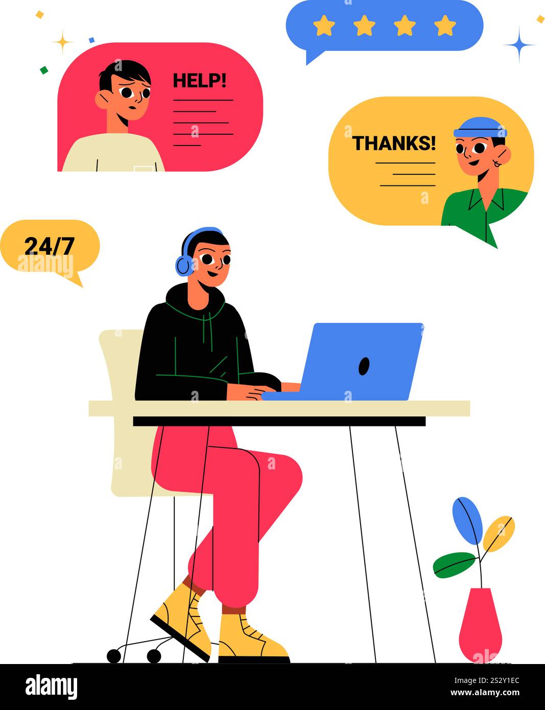 Customer Support Agent Working On Laptop With Chat Messages And ...