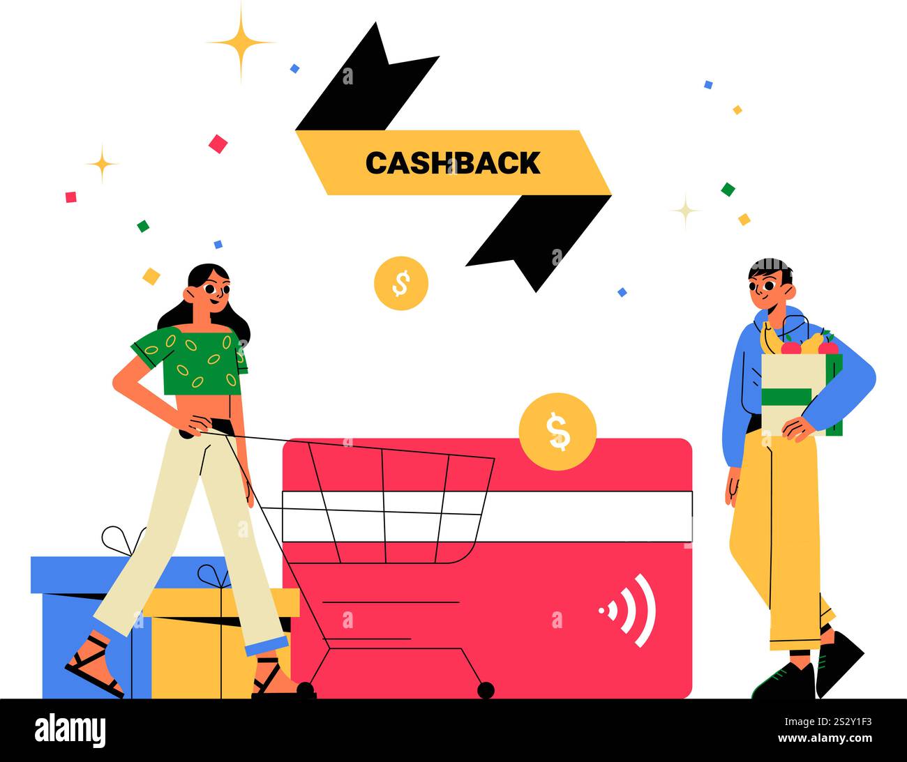 Cashback Shopping Scene With Male And Female Characters In Flat Vector ...
