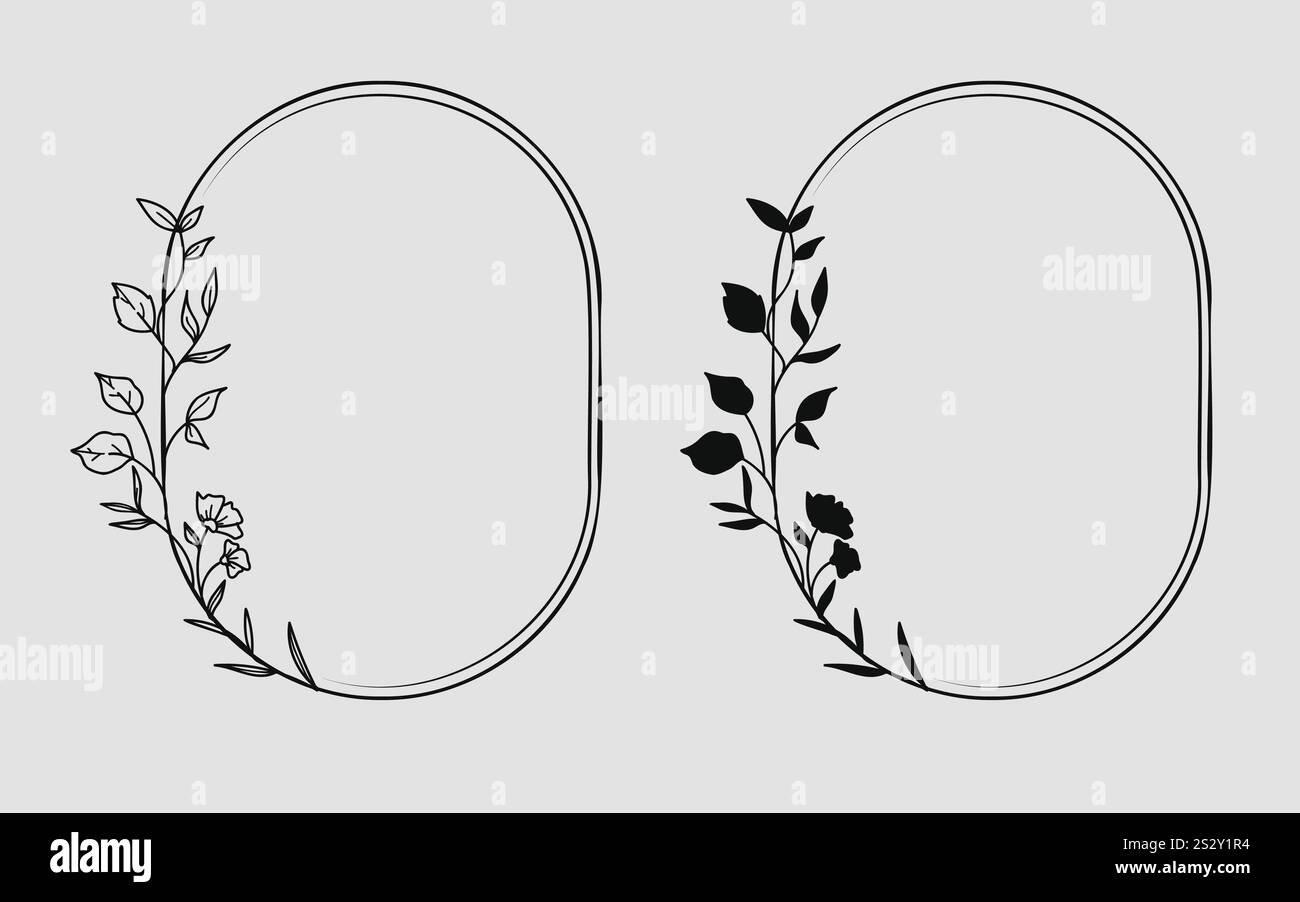 Floral ellipse hand-drawn frame with twigs leaves and flowers ...