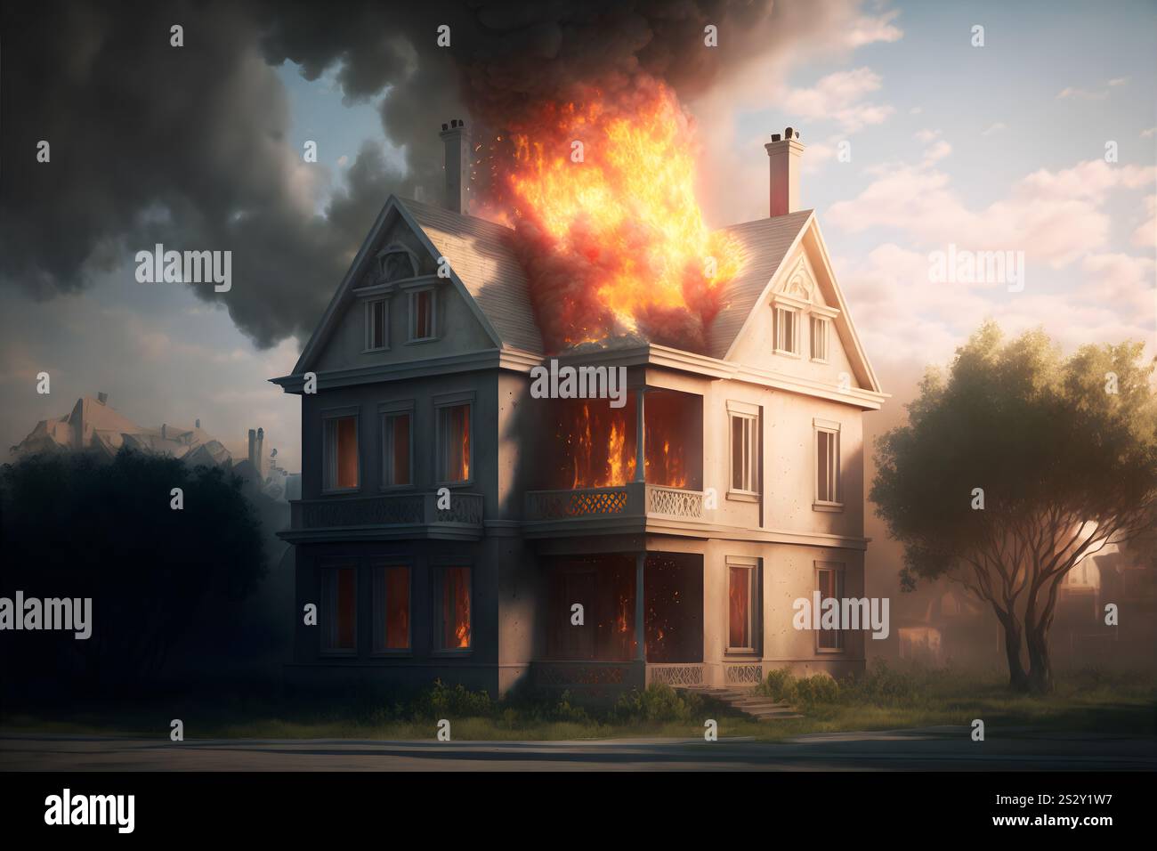 Multistorey residental or office building on fire. Neural network AI ...