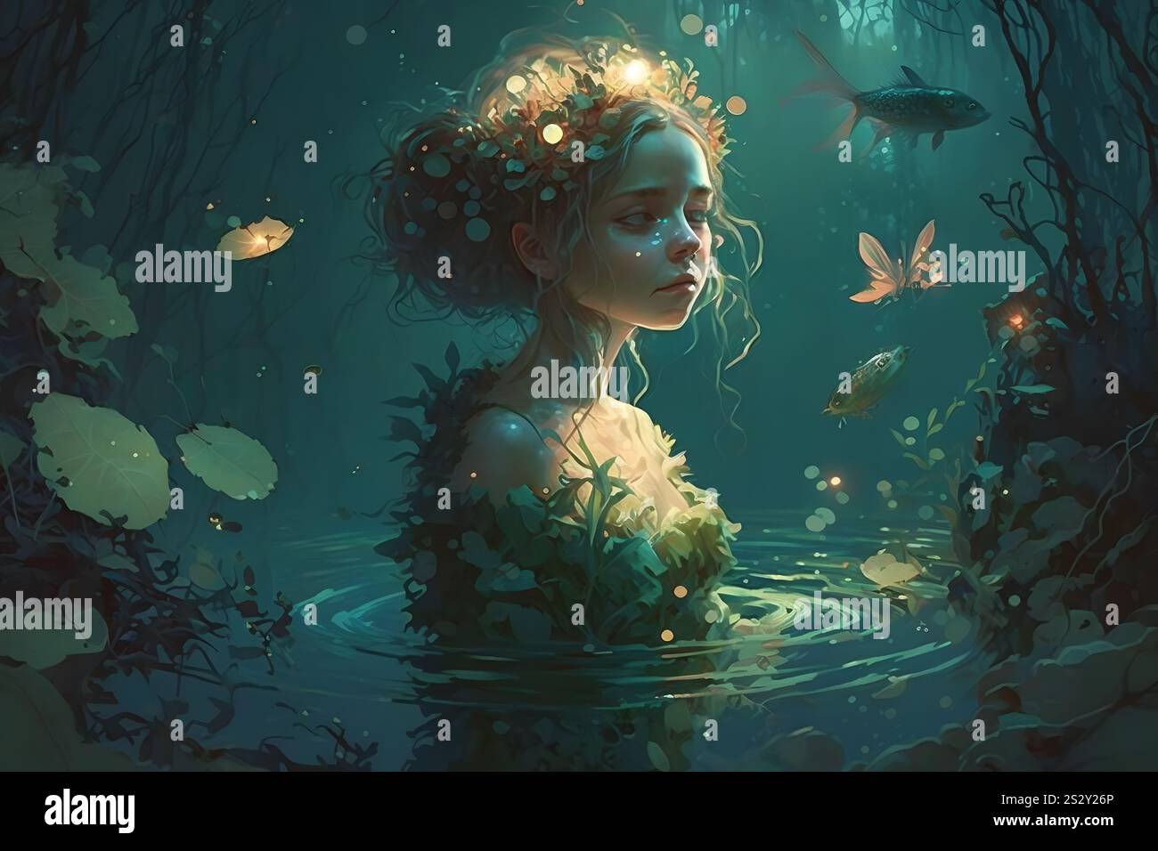 Beautiful young fairytale nymph girl in natural dress in sacred river ...