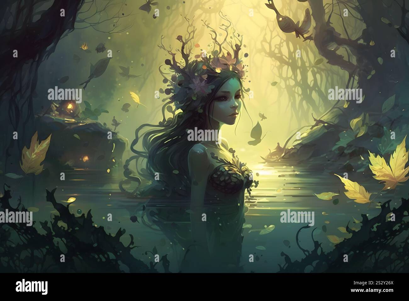 Beautiful young fairytale nymph girl in natural dress in sacred river ...