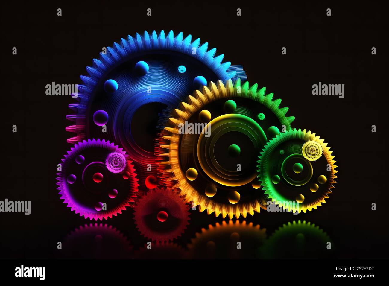 Rainbow gears on a black background multi-colored mechanism. Neural network AI generated Stock ...