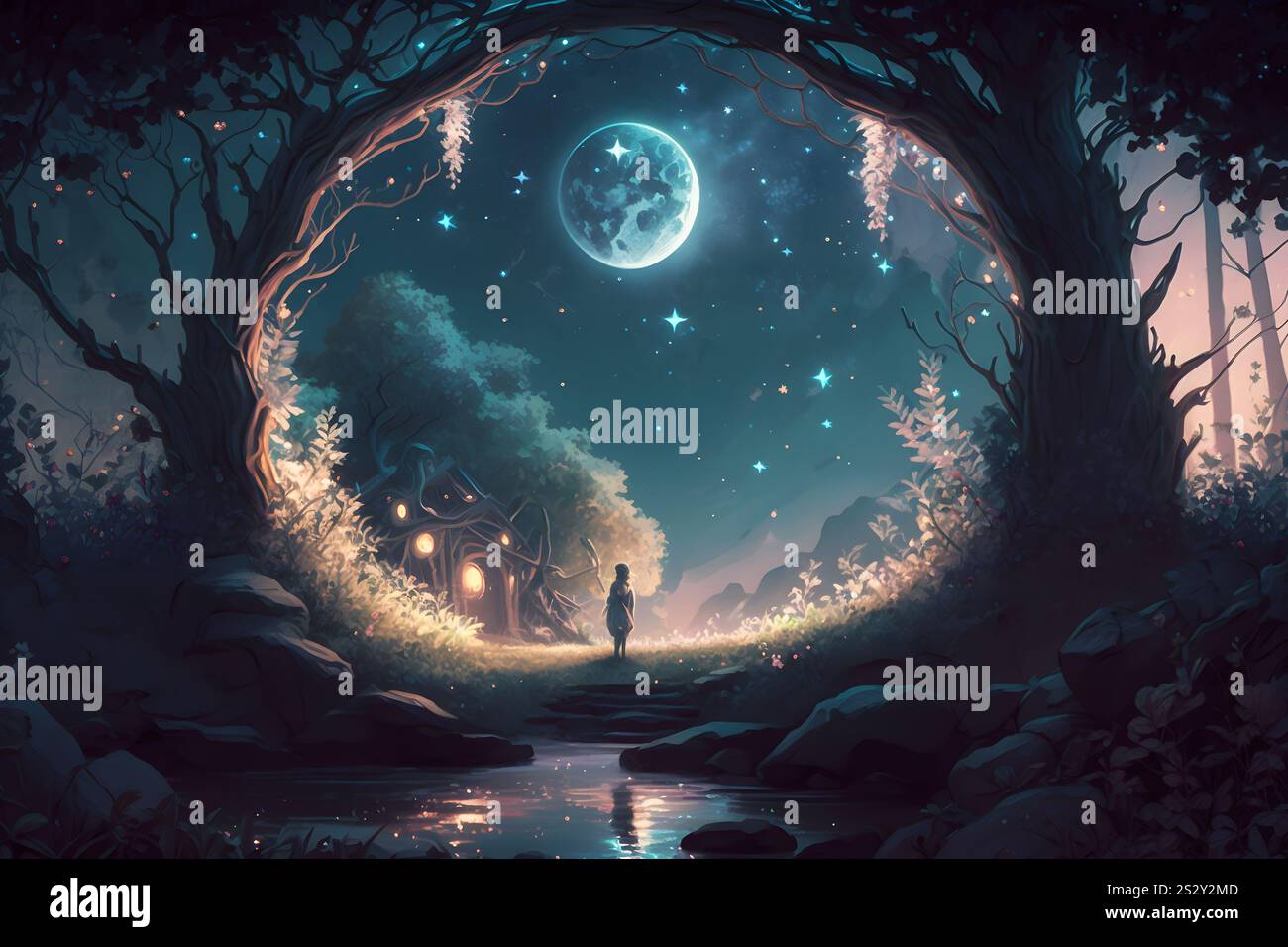 Magic fairy tale night fantasy landscape with girl silhouette. Neural ...