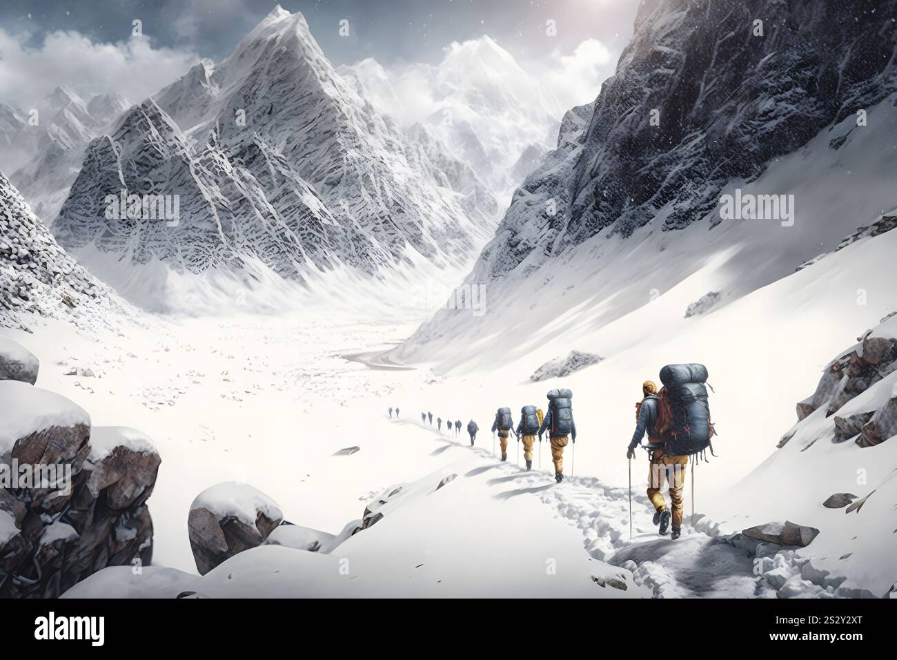 Group of tourists in winter in the mountains. Teamwork concept. Neural ...