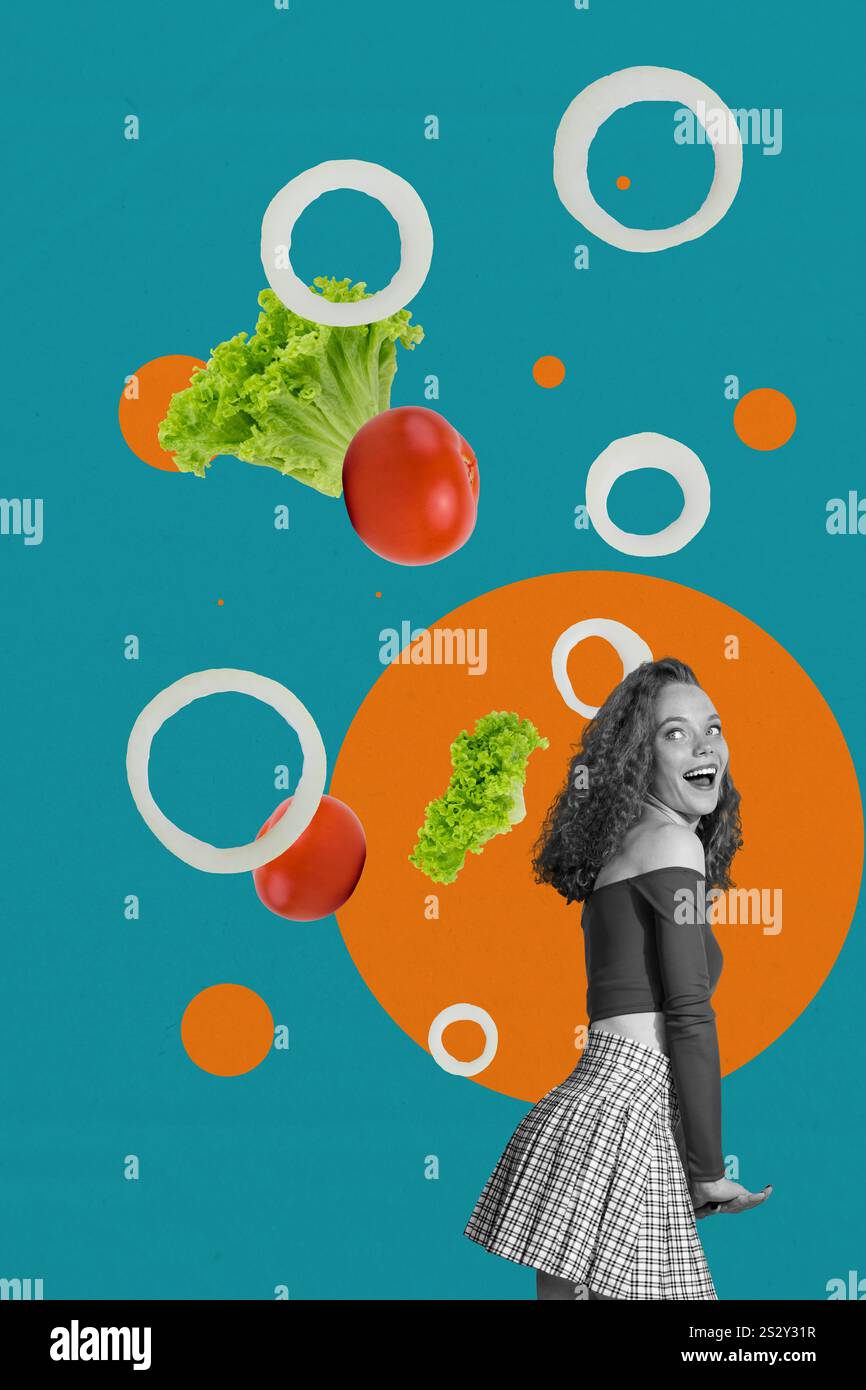 Composite 3D photo collage design trend sketch of smile attractive young lady model posing ...