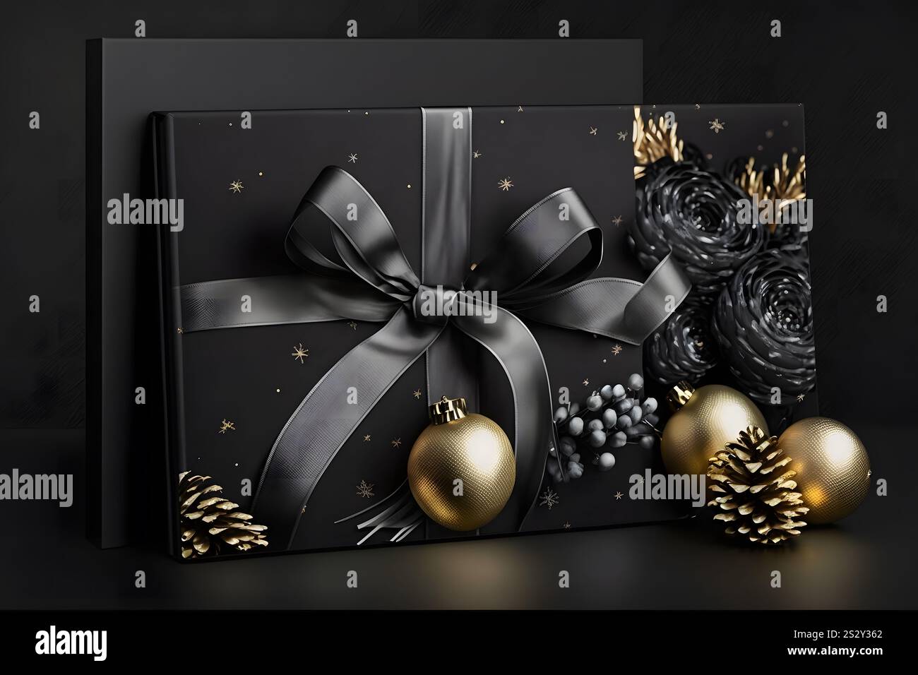 Black gift boxes with gold ribbon on dark shiny background. Neural ...
