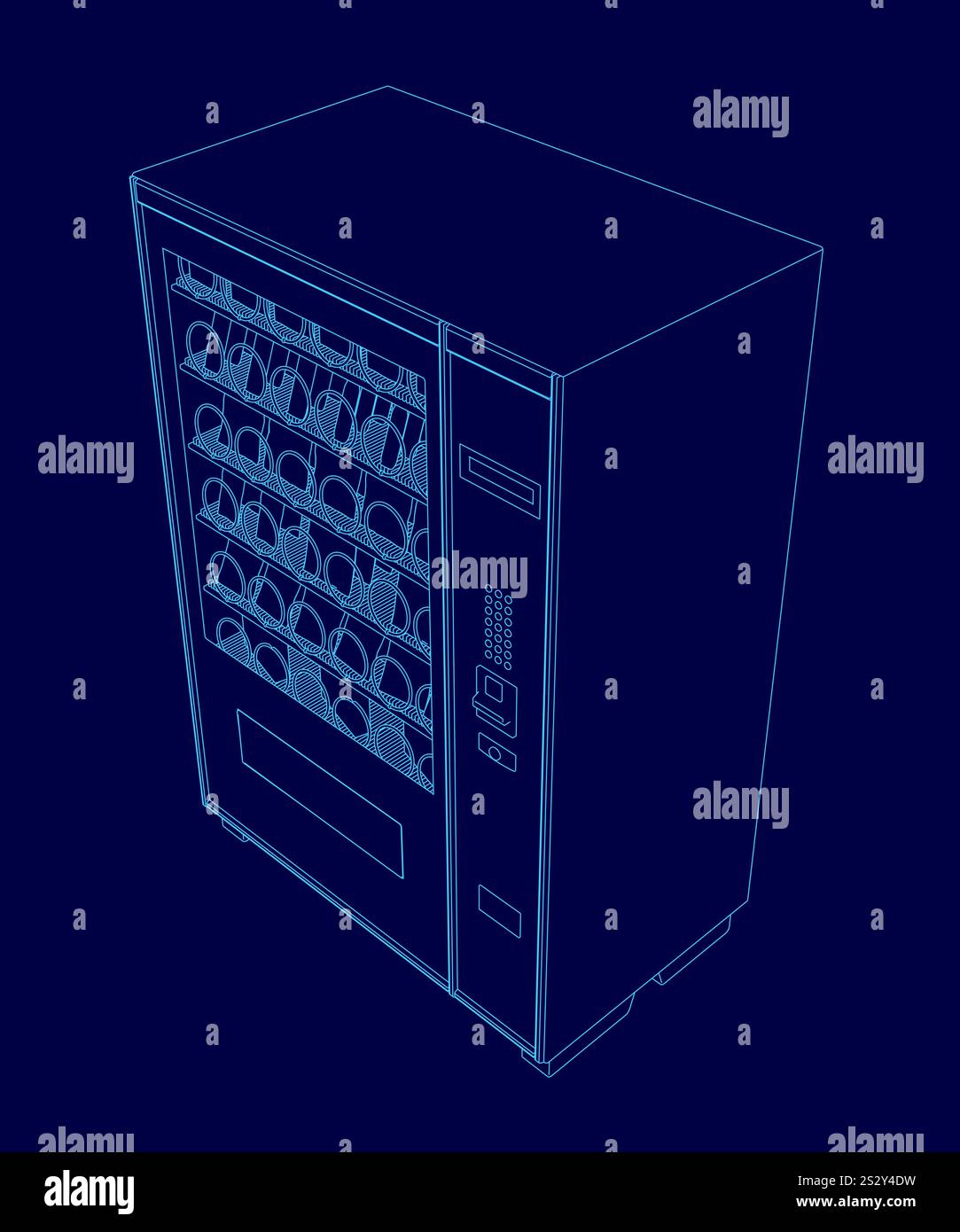 Vending machine with a blue background is shown in a blue drawing. The ...
