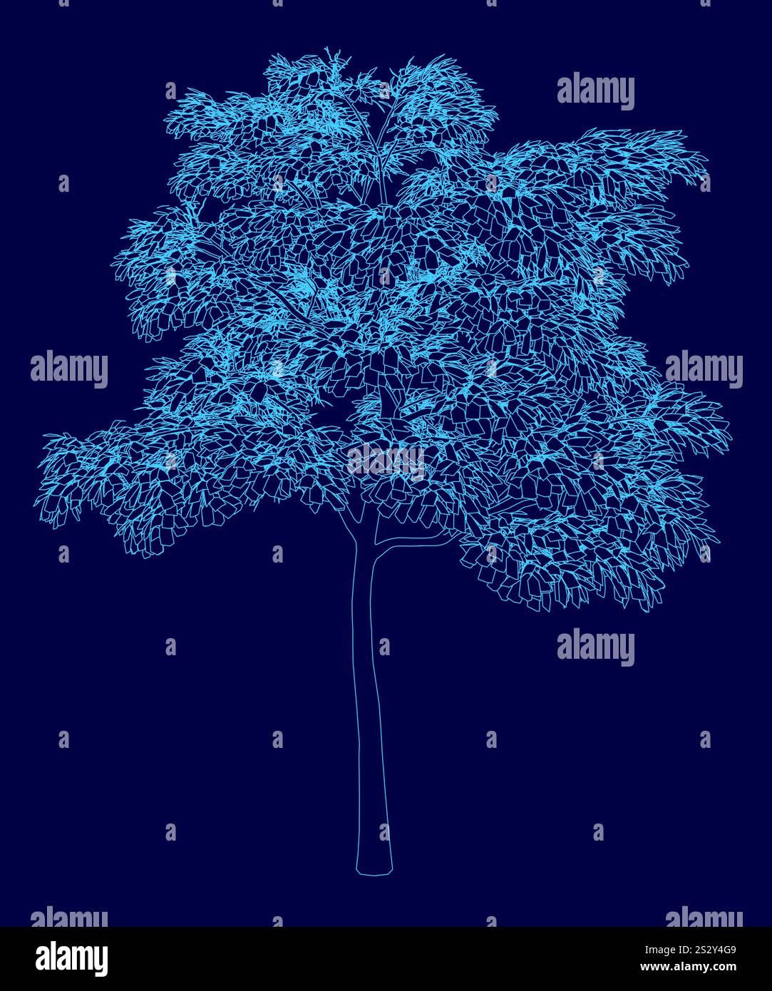 Blue tree is shown in a blue background. The tree is very thin and tall ...