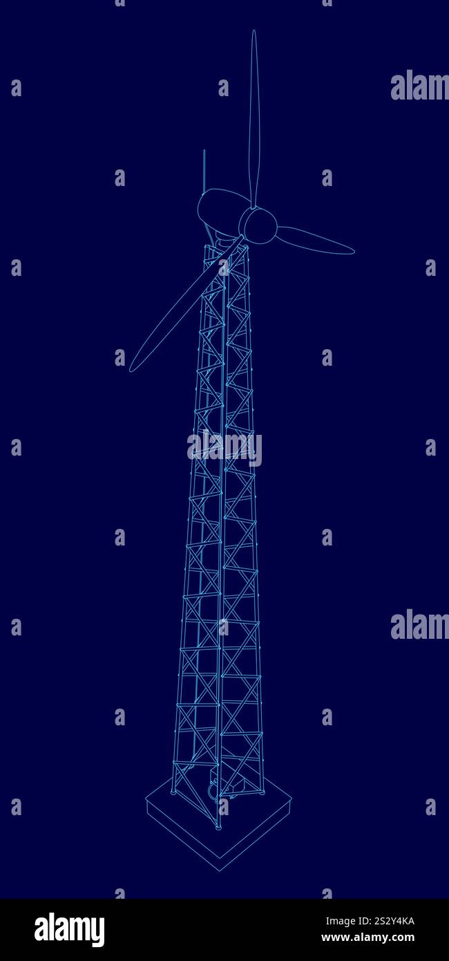 Blue drawing of a wind turbine. The drawing is in blue and is very ...