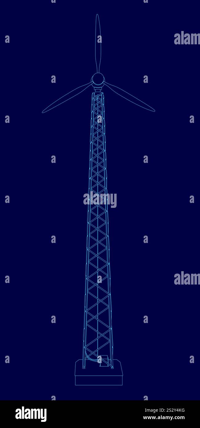 Tall wind turbine is shown in blue. The image is a stylized drawing of ...