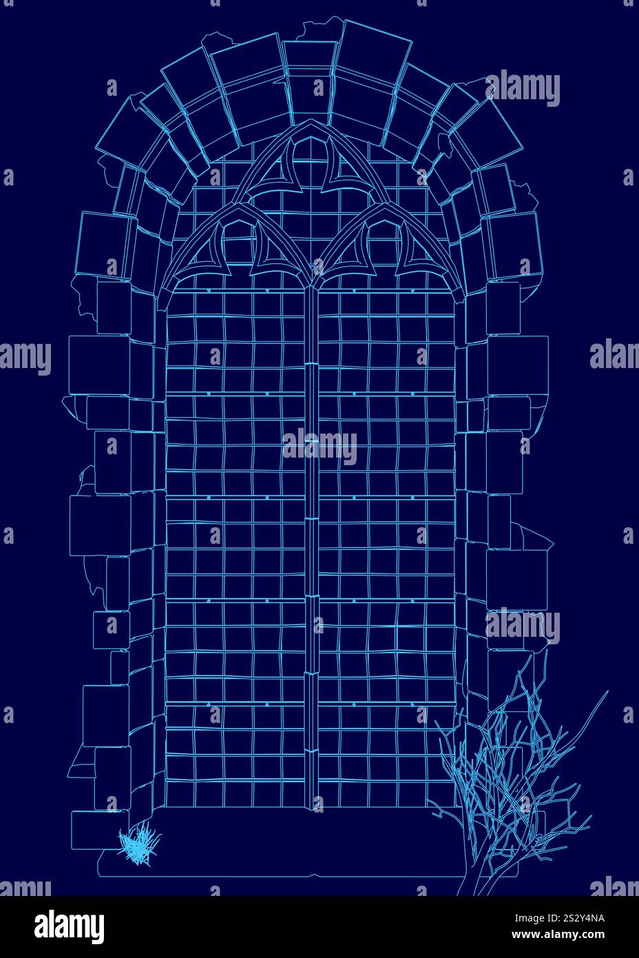 Blue drawing of a window with a black frame. The window is open and has ...