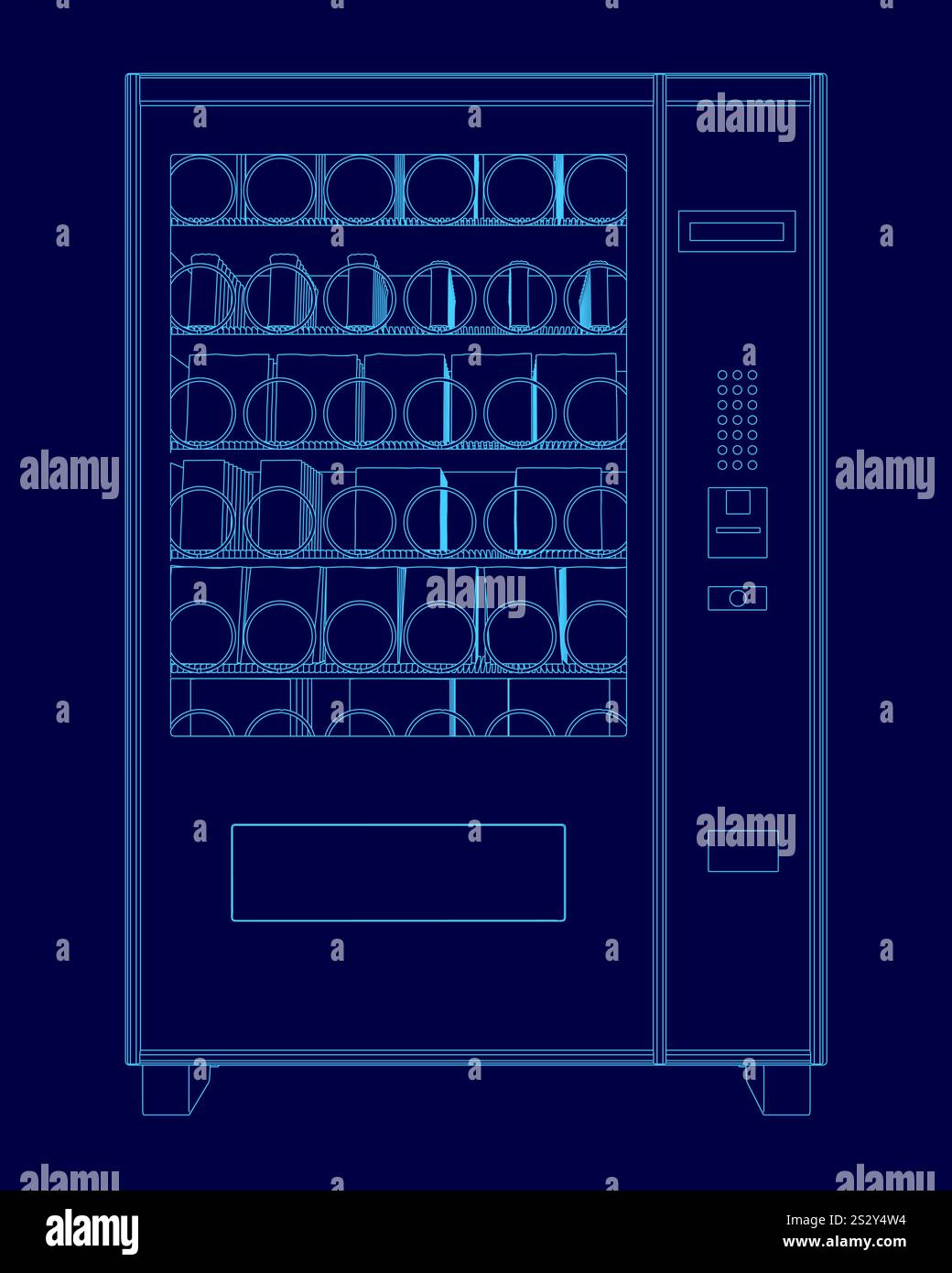 Vending machine with a blue background. The vending machine is full of ...