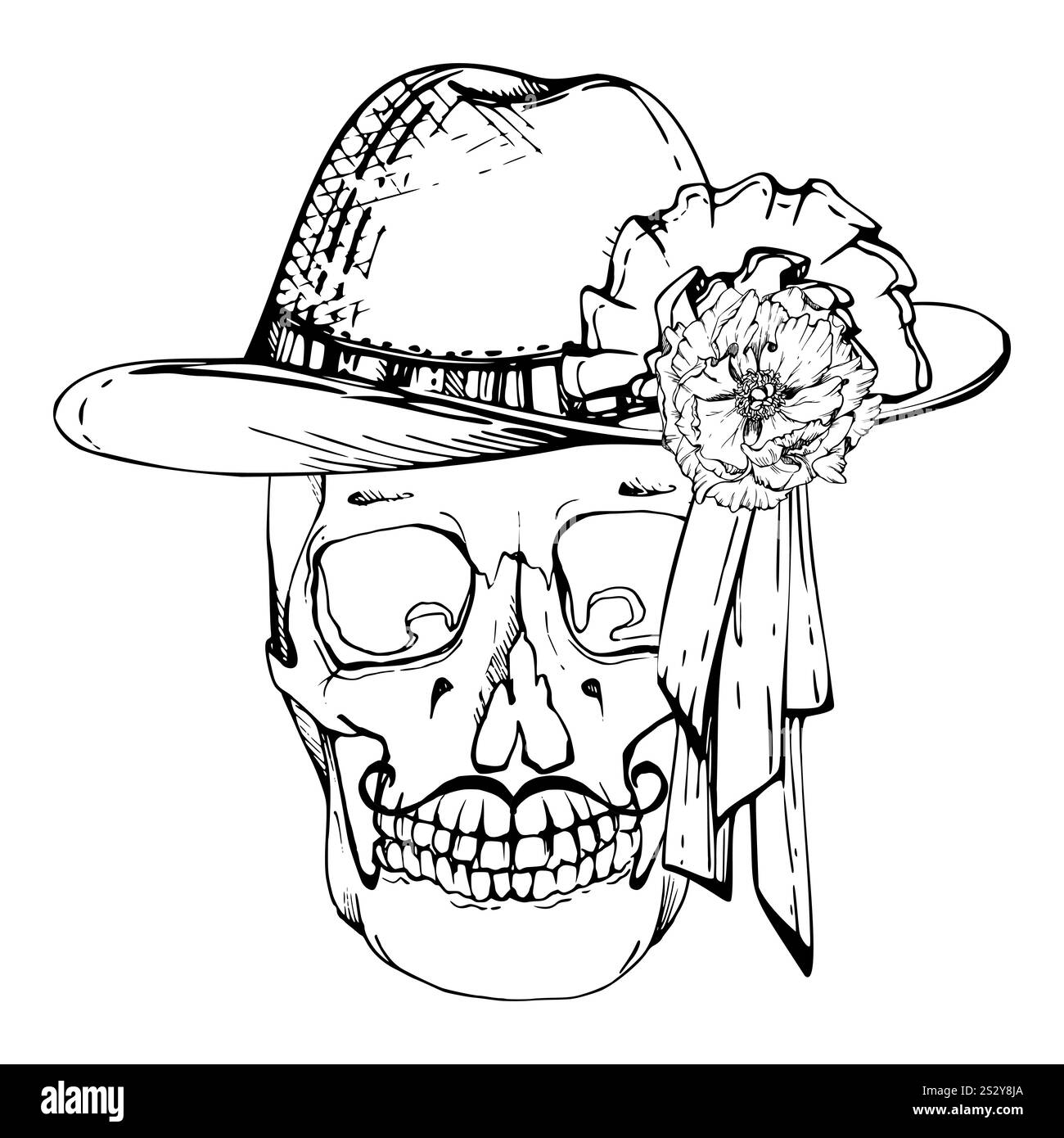 Cinco de Mayo human skull in hat, ribbon rosette, moustache. Mexican ...