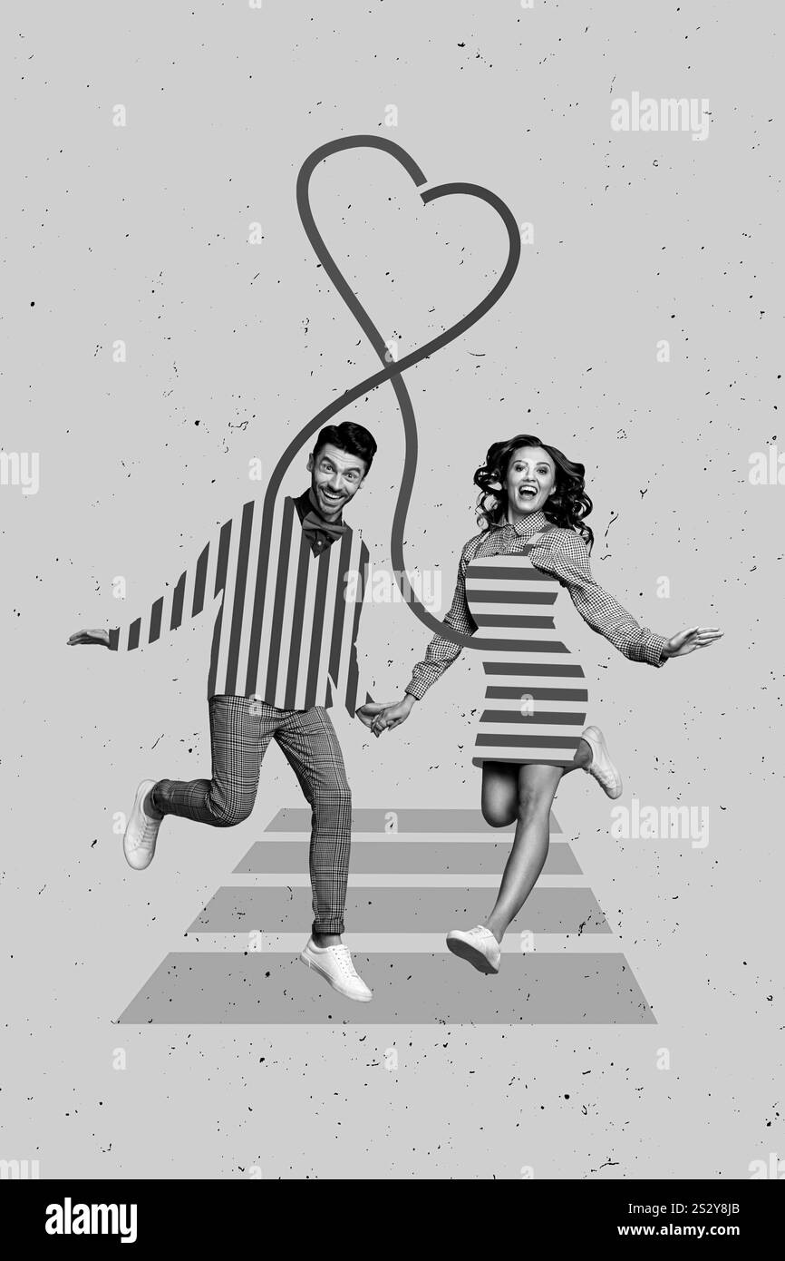 Vertical collage image of two black white effect excited people hold ...