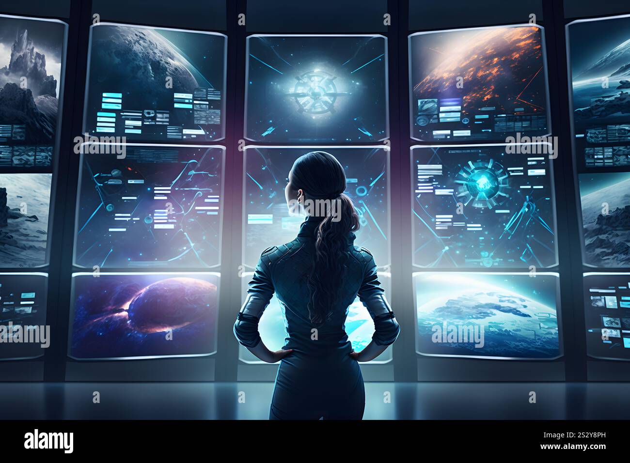 Futuristic girl astronaut on a spaceship looks into the monitors of a ...