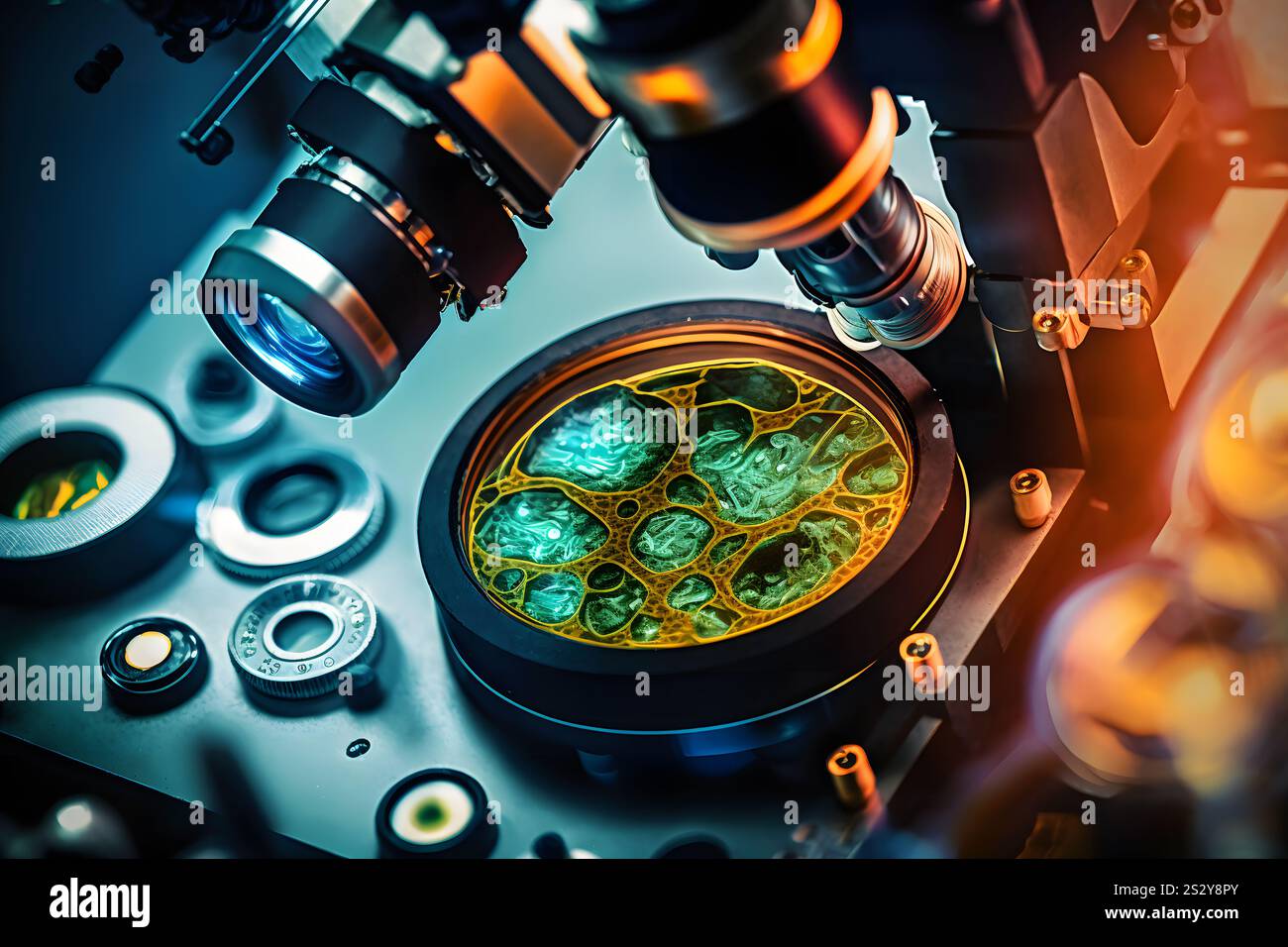 Close-up shot of microscope with metal lens at laboratory. Neural ...