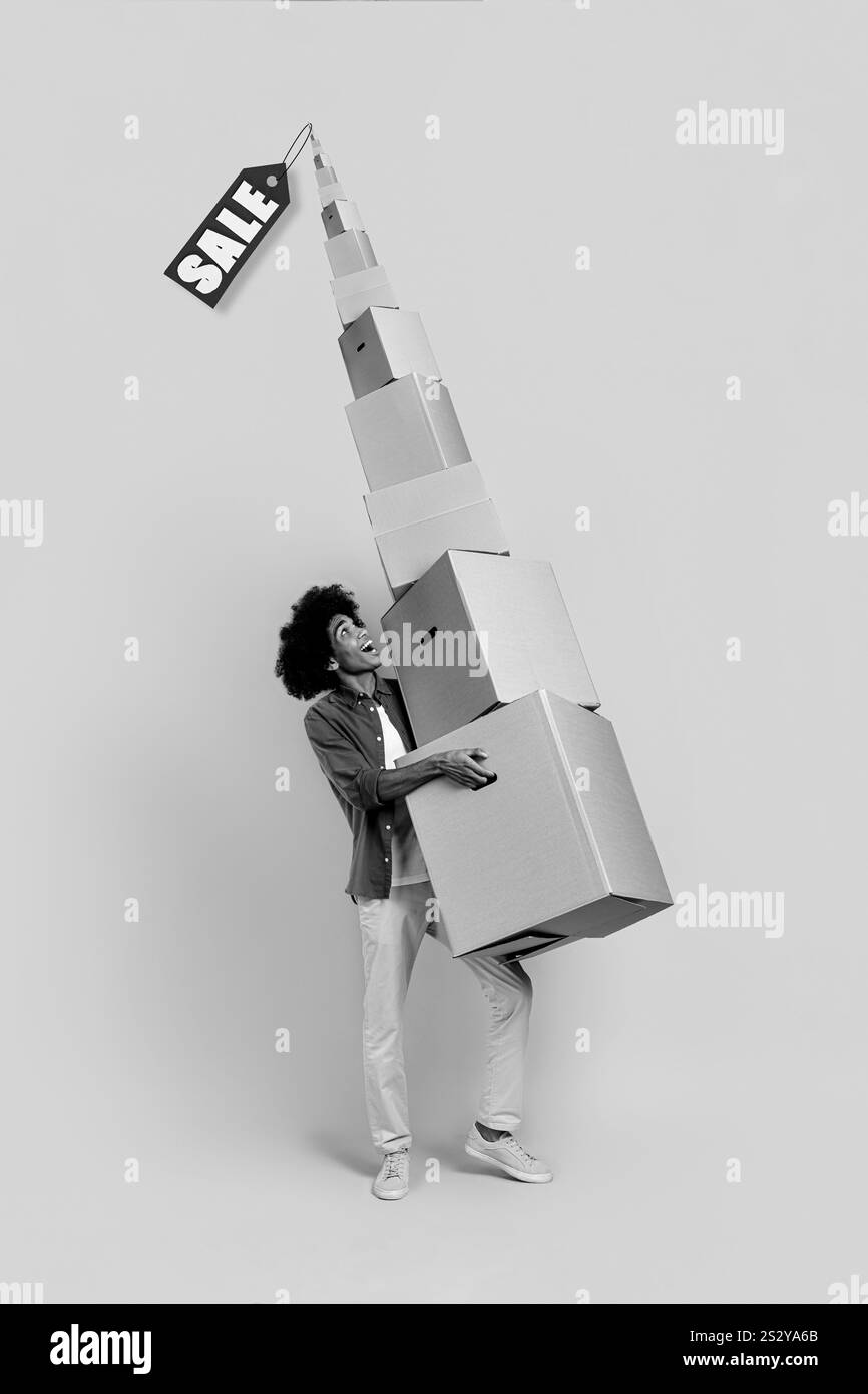 Creative photo 3d collage artwork of funny funky person hold many boxes ...