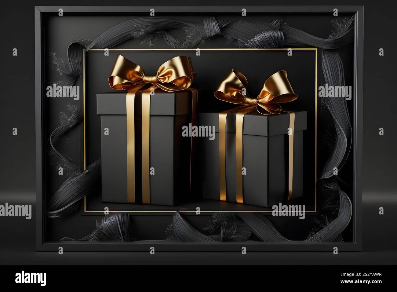 Black gift boxes with gold ribbon on dark shiny background. Neural ...