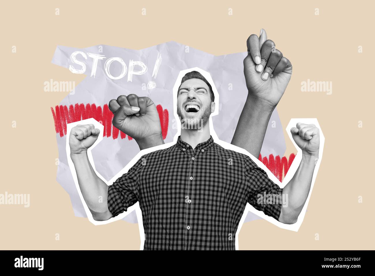 Composite creative art collage of angry man scream strike rebellion ...