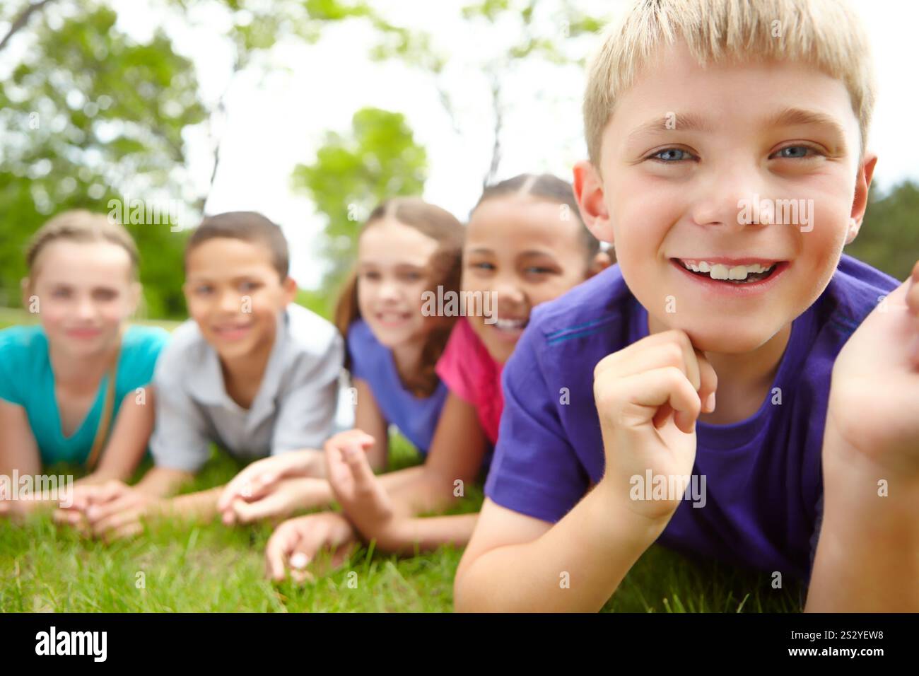 Friends, happy and children in park for bonding, childhood and having ...