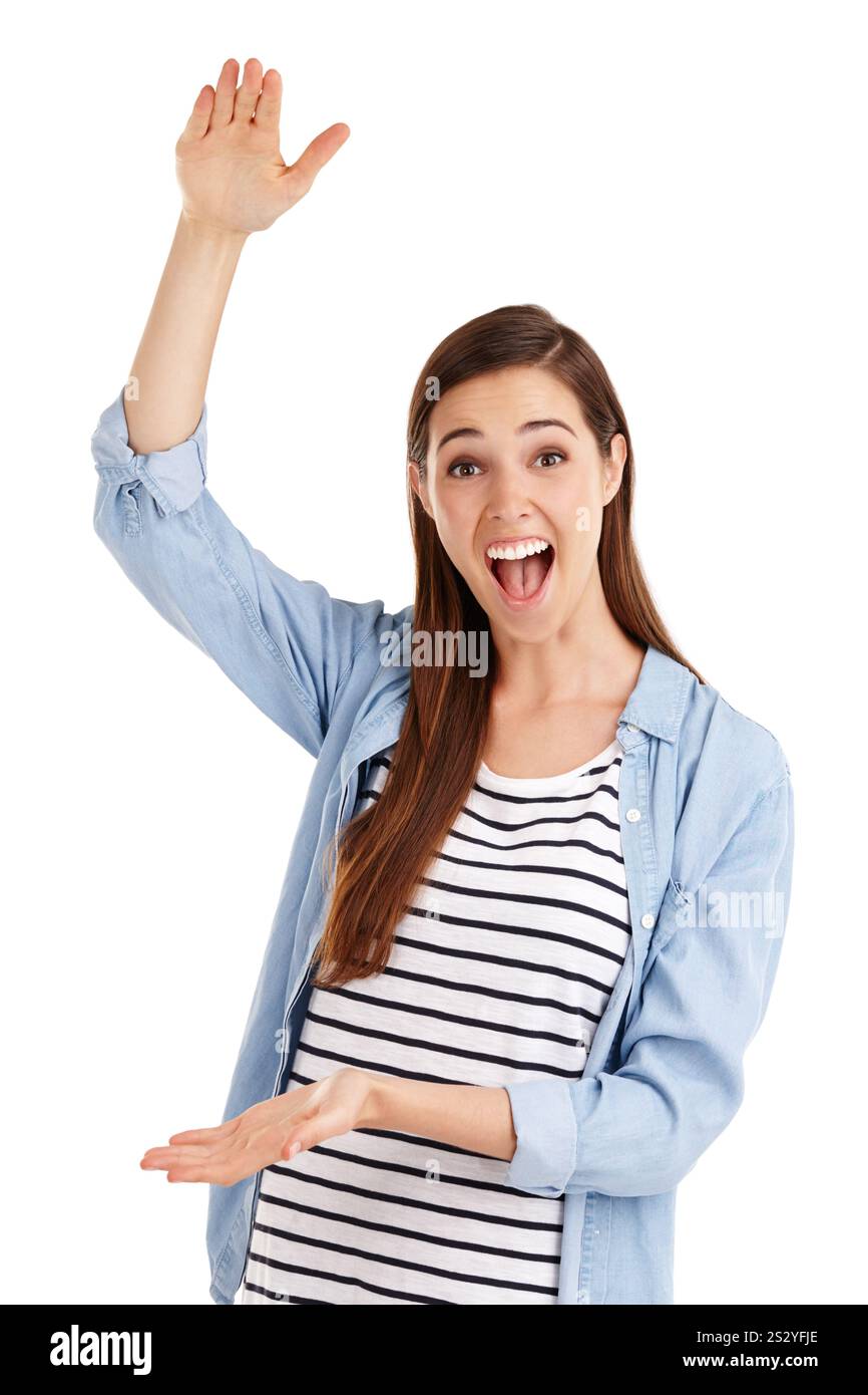 Woman, portrait and excited by scale in studio, wow and surprise for ...