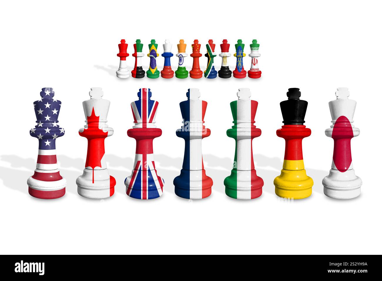 Chess made from flags of BRICS and G7 countries. BRICS is group of ...