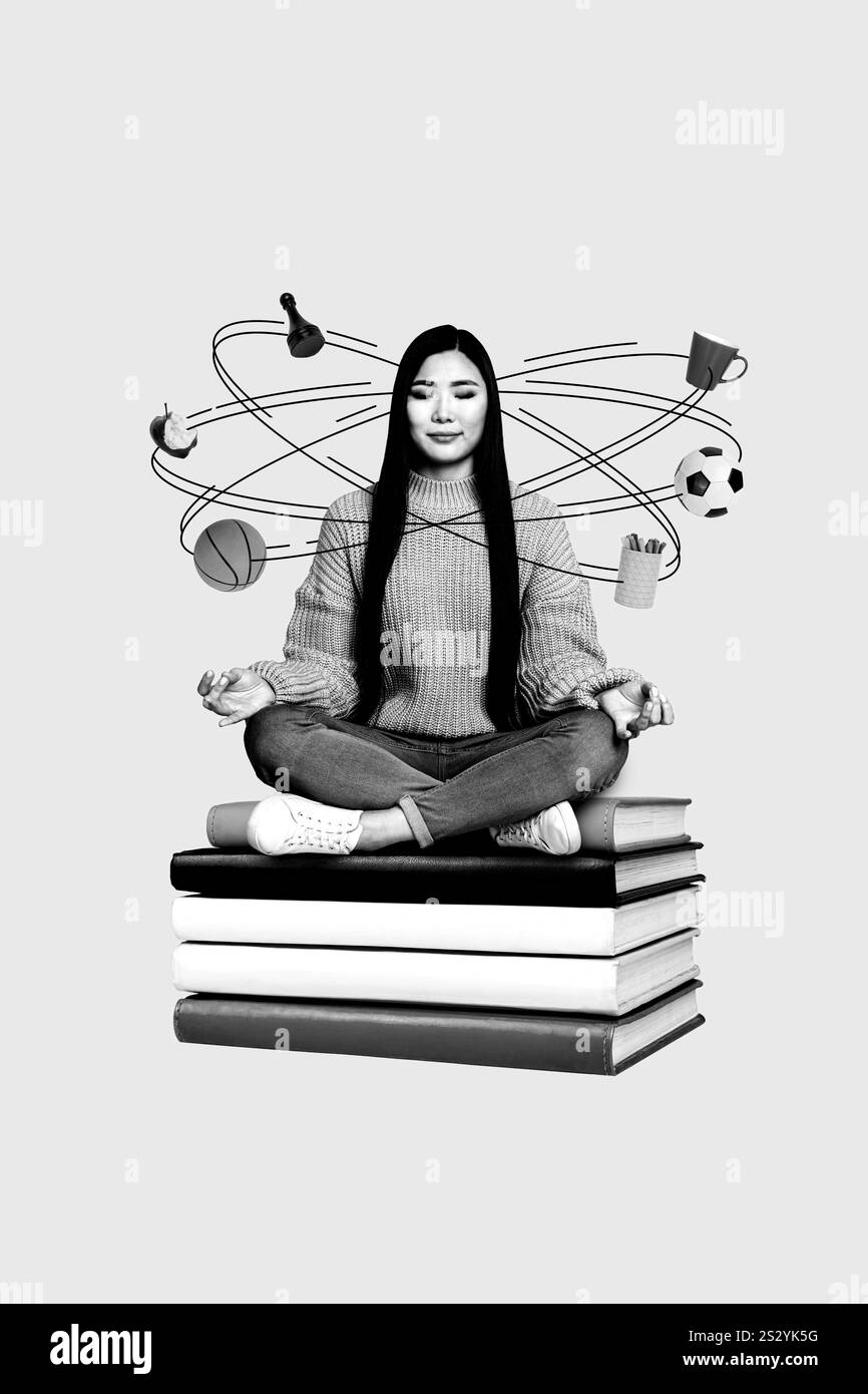 Creative photo 3d collage artwork of young girl sitting textbook relax ...