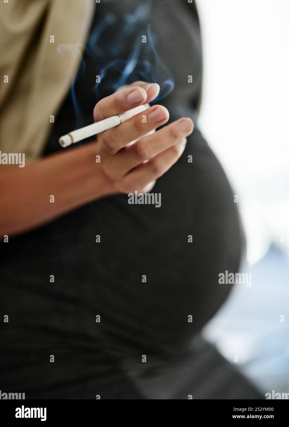 Pregnancy, woman and hands with cigarette smoking for stress, tobacco ...
