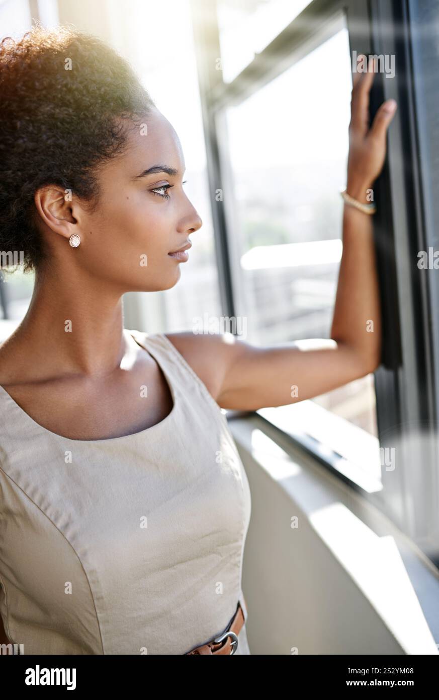 Business woman, vision and reflection with window for insight ...