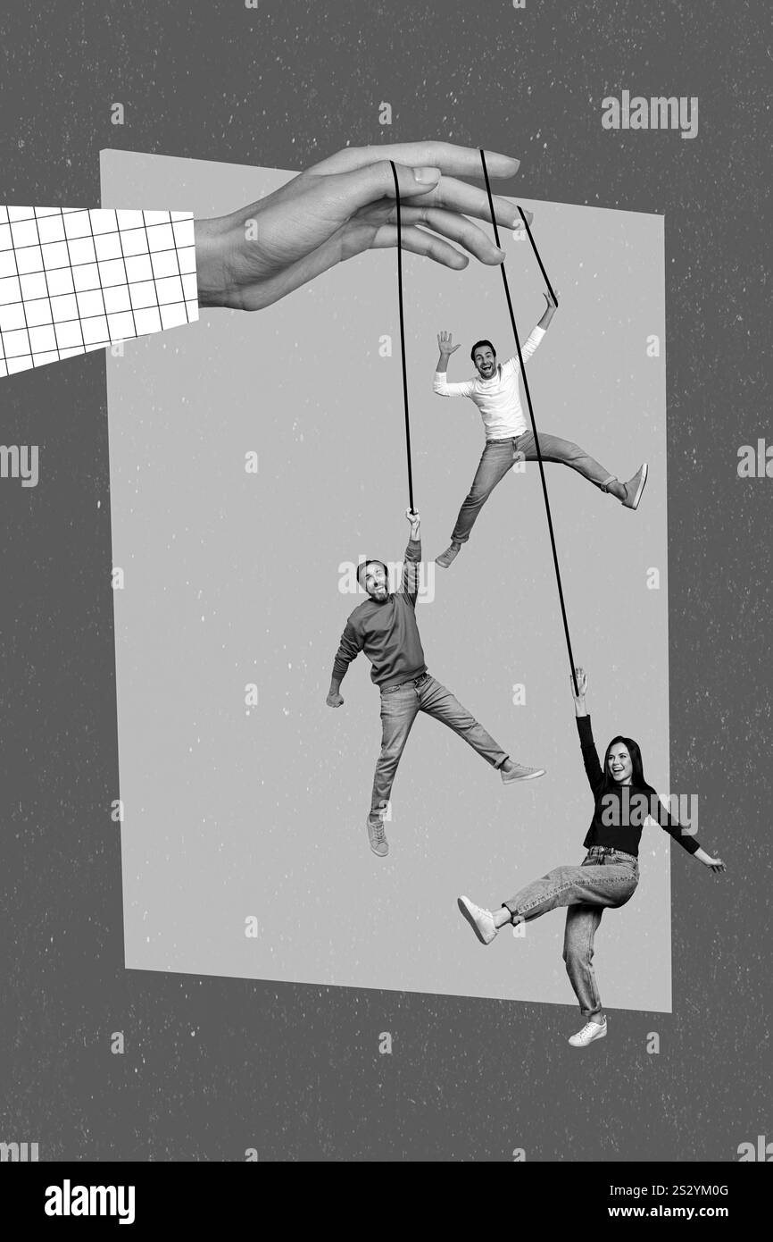 Collage photo of three people hanging string rope hand hold them funny ...