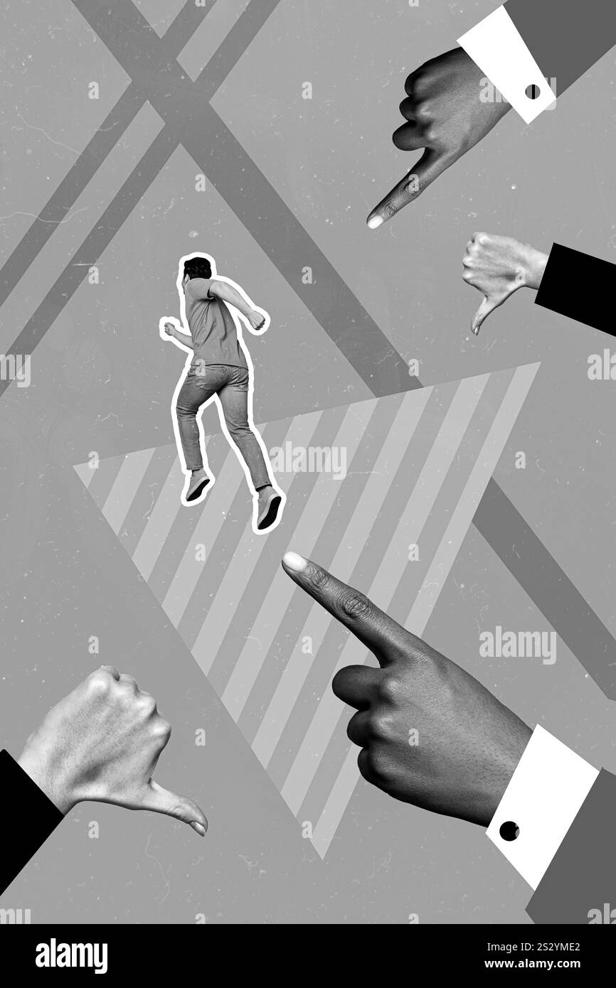 Vertical collage image of human arms fingers show thumb down gesture ...