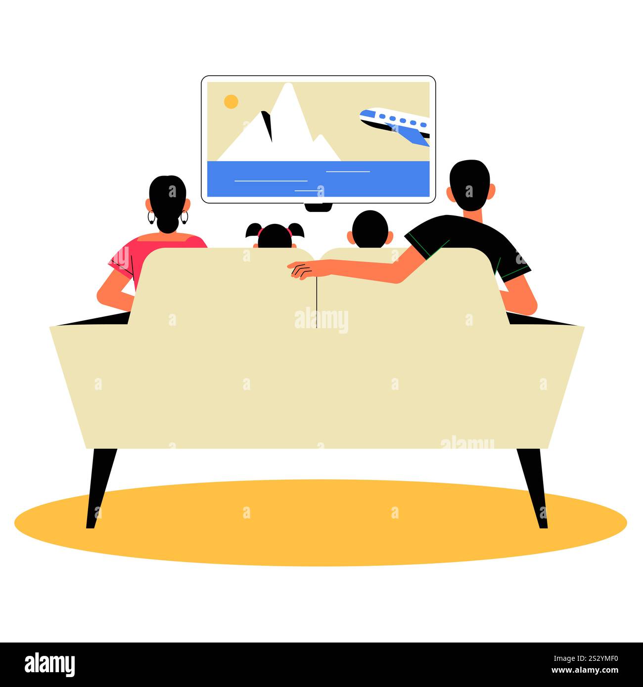 Family Watching Airplane And Iceberg On TV Screen In Flat Vector ...