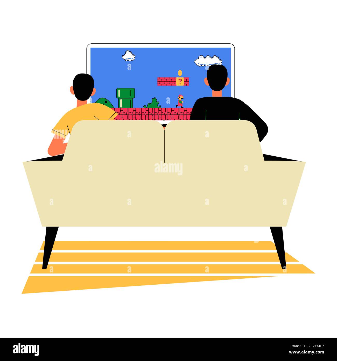 Two Boys Sitting On Couch Playing Video Game In Flat Vector ...