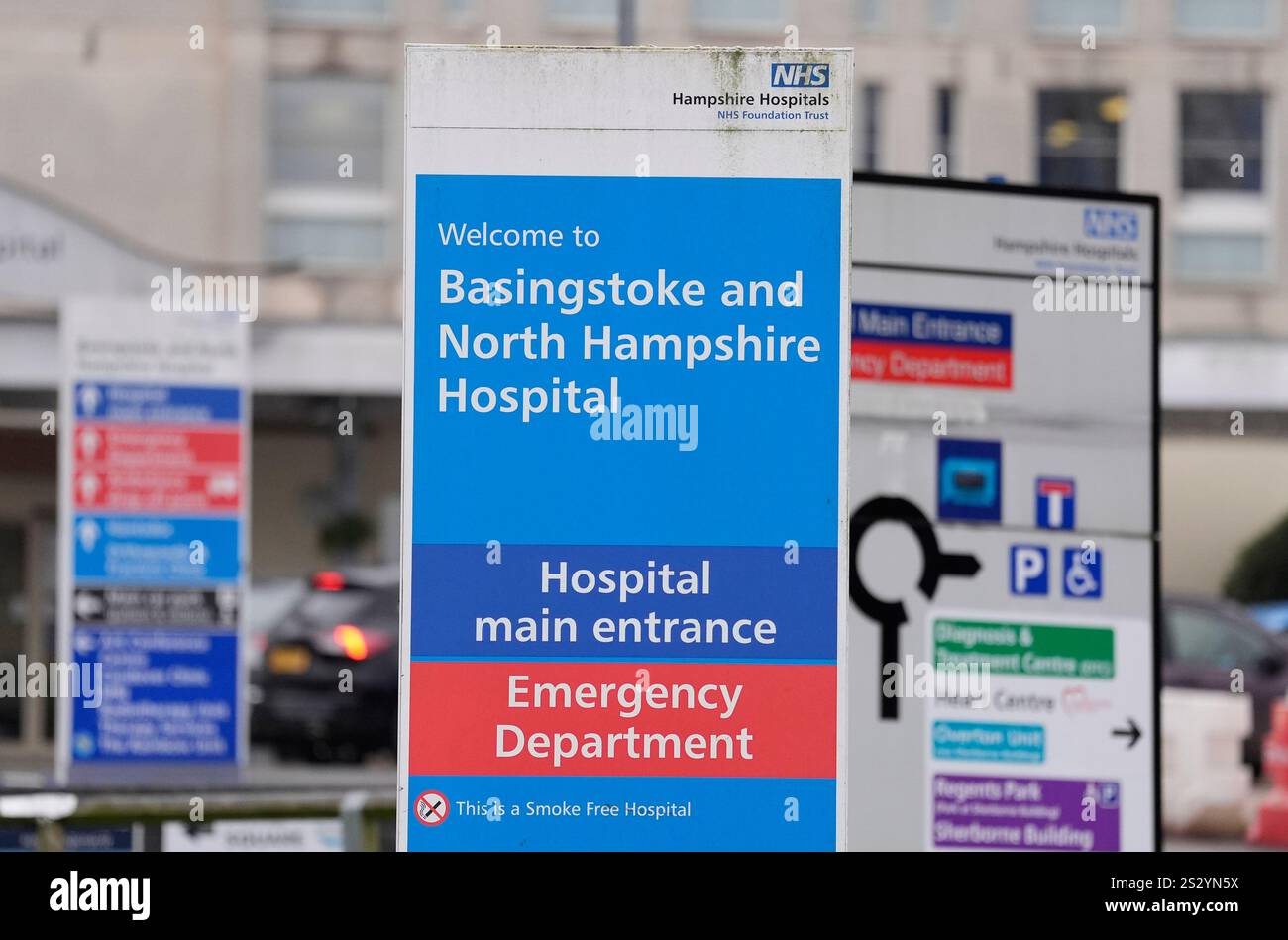 General view of signage for Basingstoke and North Hampshire Hospital ...