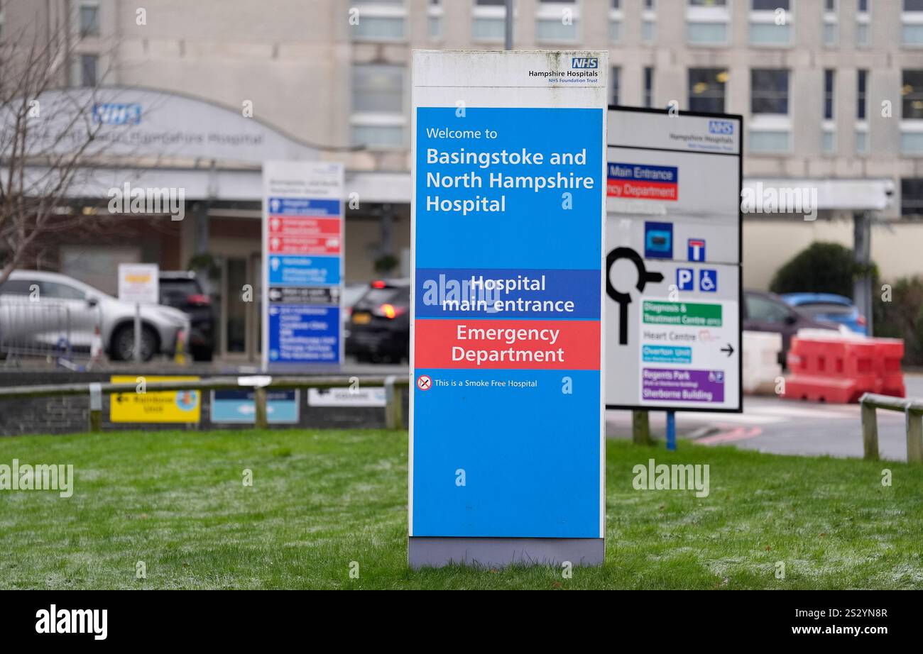 General view of signage for Basingstoke and North Hampshire Hospital ...