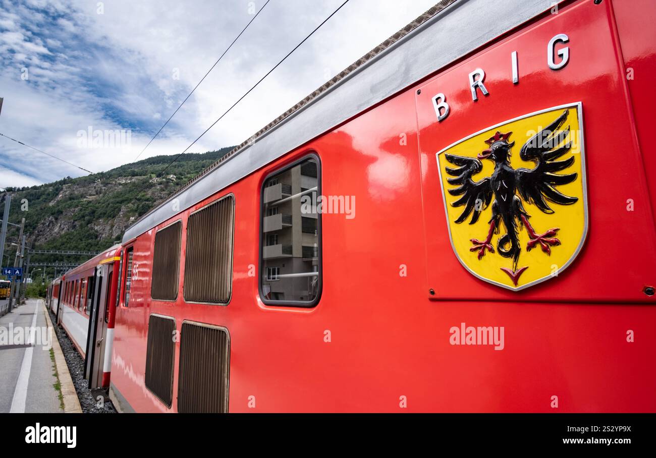Zermatt, Switzerland - 17 August 2019: Brig coat of arms on swiss red ...