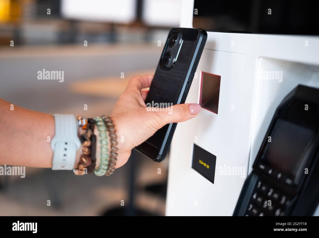 Girl Uses Smartphone To Scan Qr Code At Self-Service Terminal Stock ...