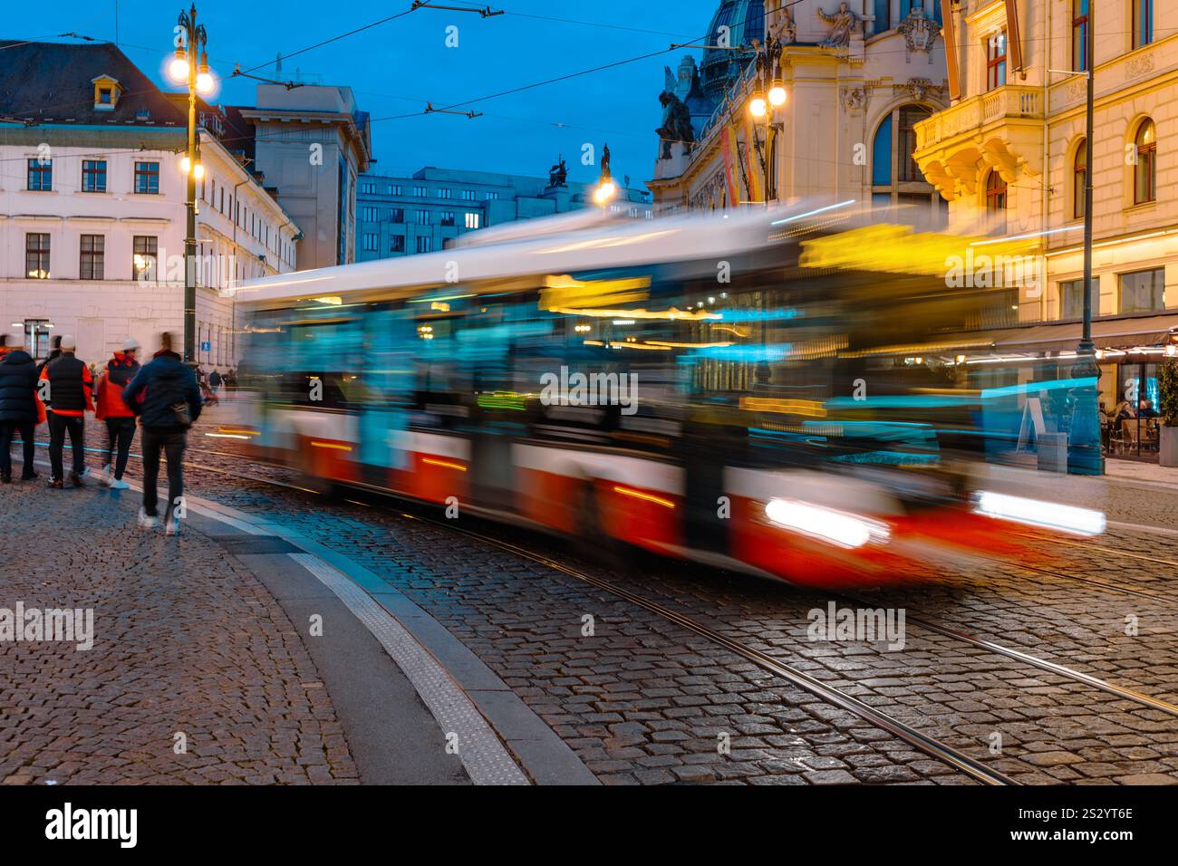 Night Trails Of A Bus Weaving Through Prague Streets, Fast-Moving ...