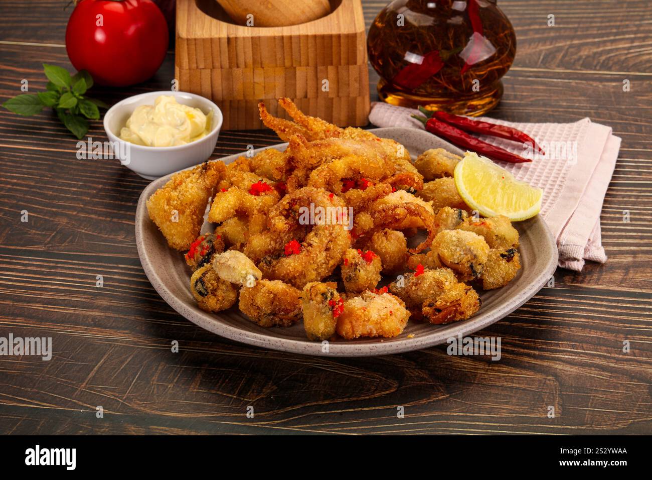 Fritto misto - deep fried seafood mix - calamari, prawn, fish, mussels ...