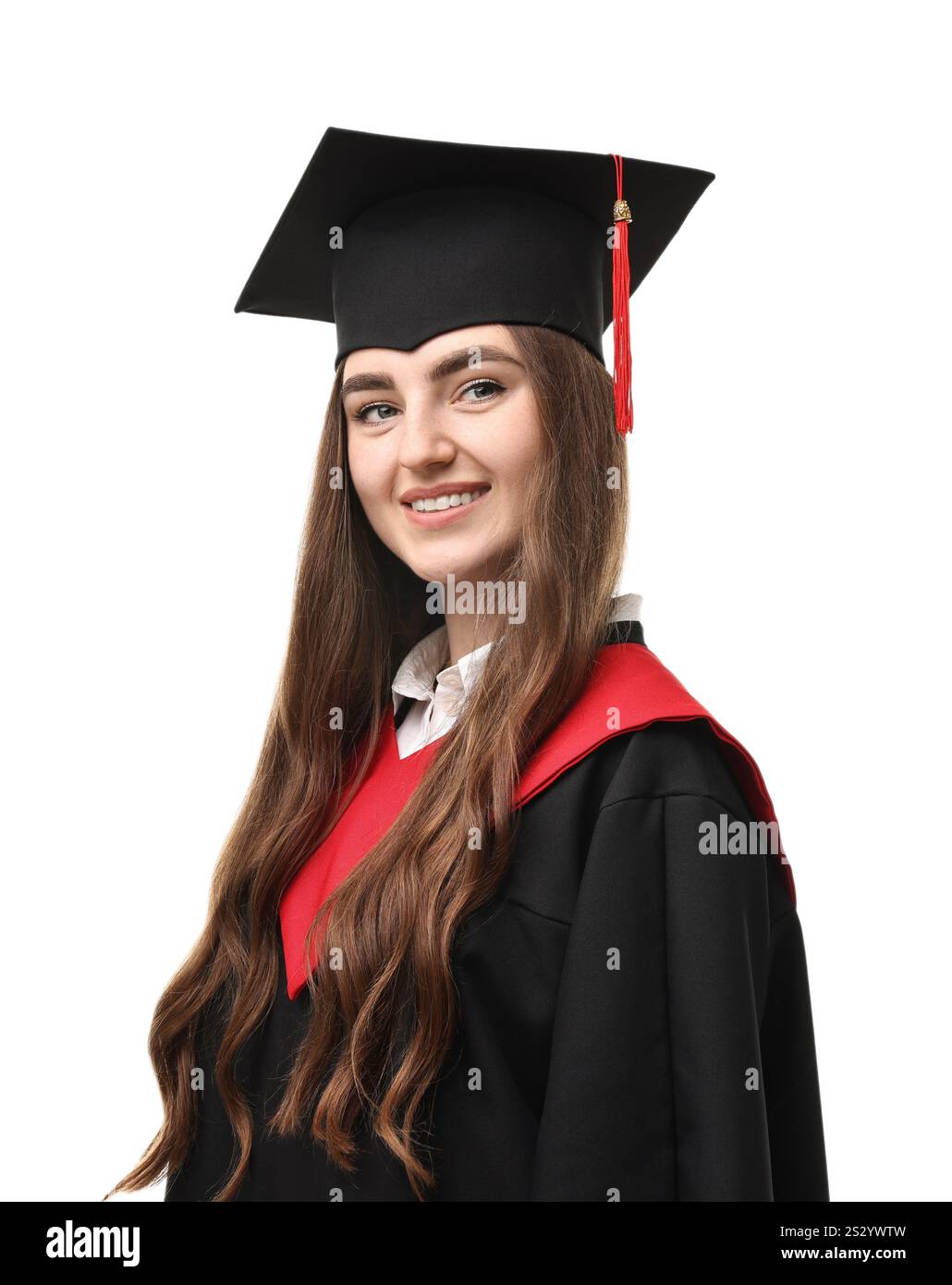 Happy student after graduation on white background Stock Photo - Alamy