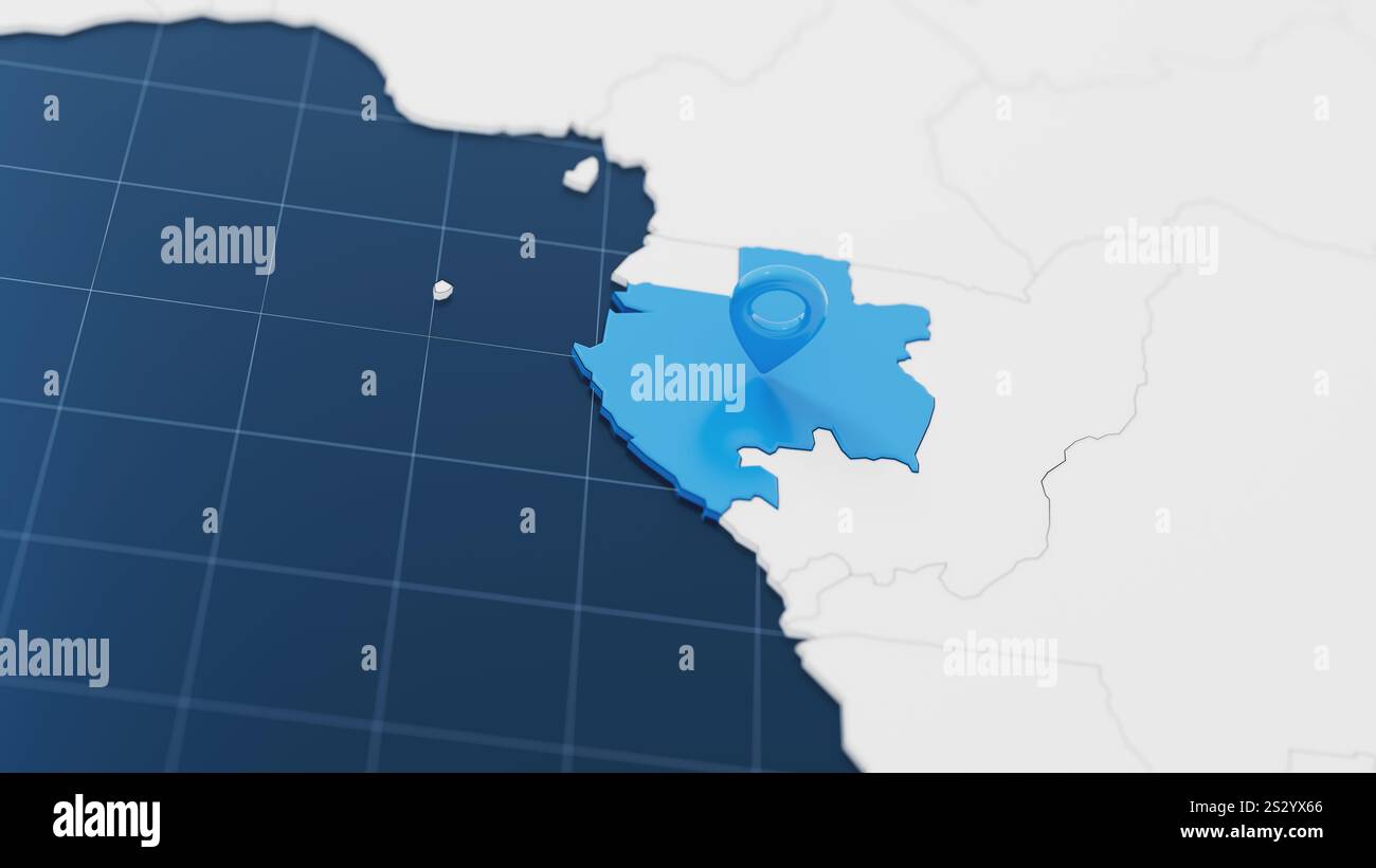 Blue Gabon 3d map with pointer pin surrounded with other countries in ...