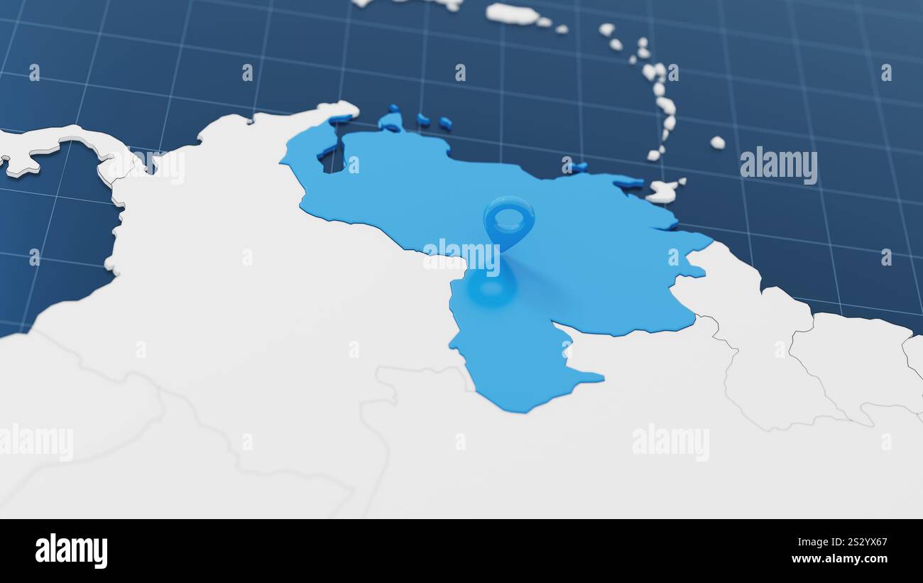 Blue Venezuela 3d map with pointer pin surrounded with other countries ...