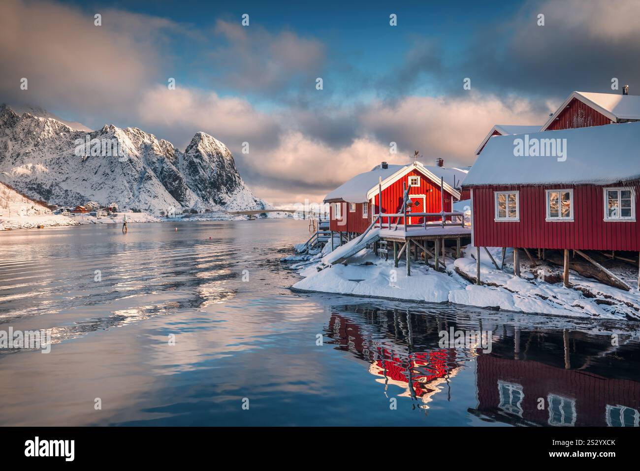 Lofoten Islands, Reine, Norway and Hamnoy fishing village with red ...