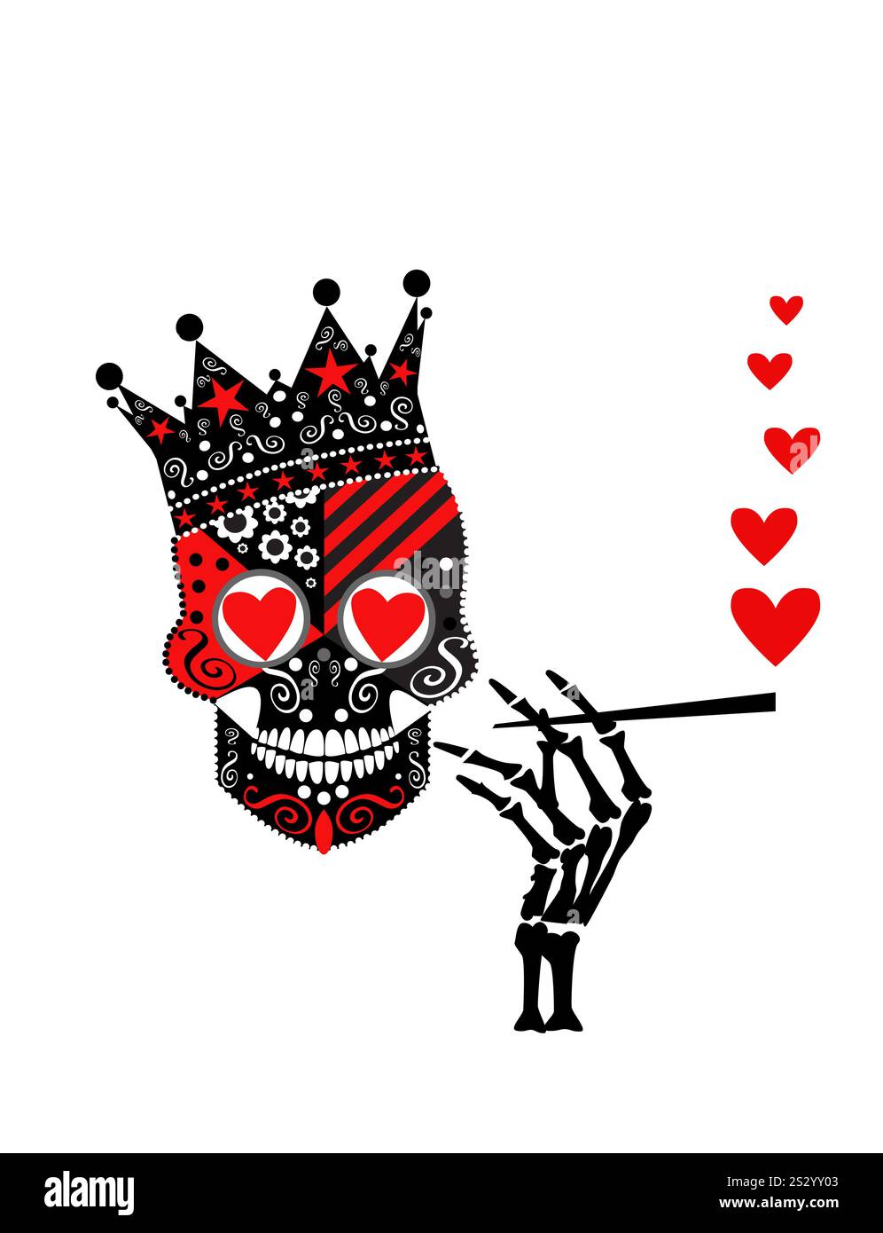 Valentine skull smoking hearts. A stylized black and red sugar skull ...